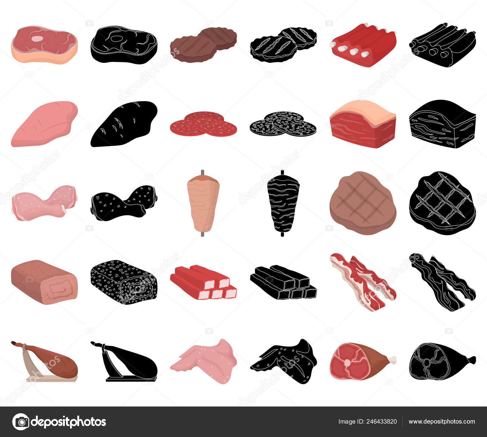 Different meat cartoon,black icons in set collection for design. Meat ...