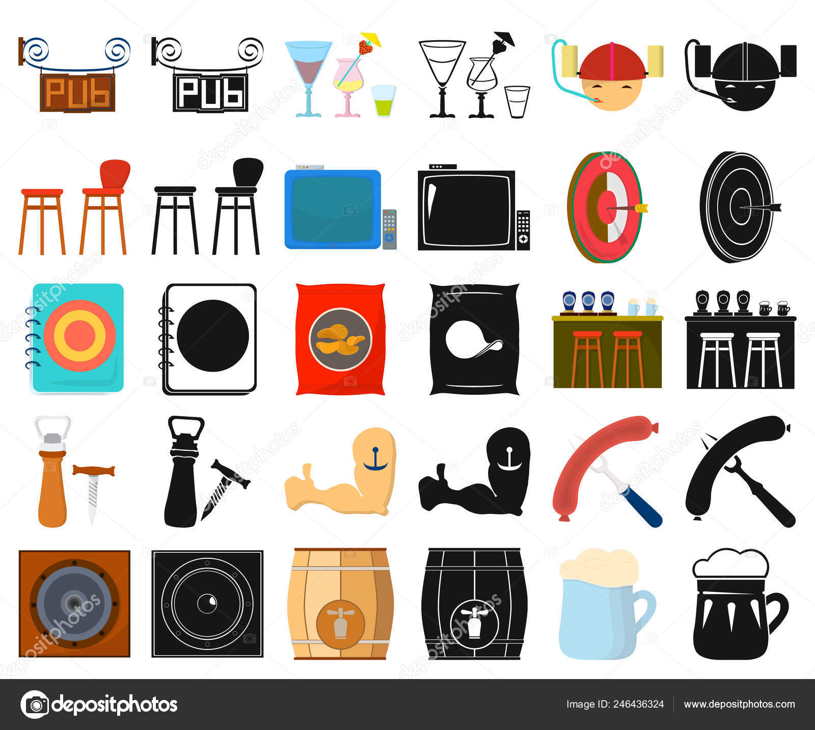 Pub, interior and equipment cartoon,black icons in set collection for ...