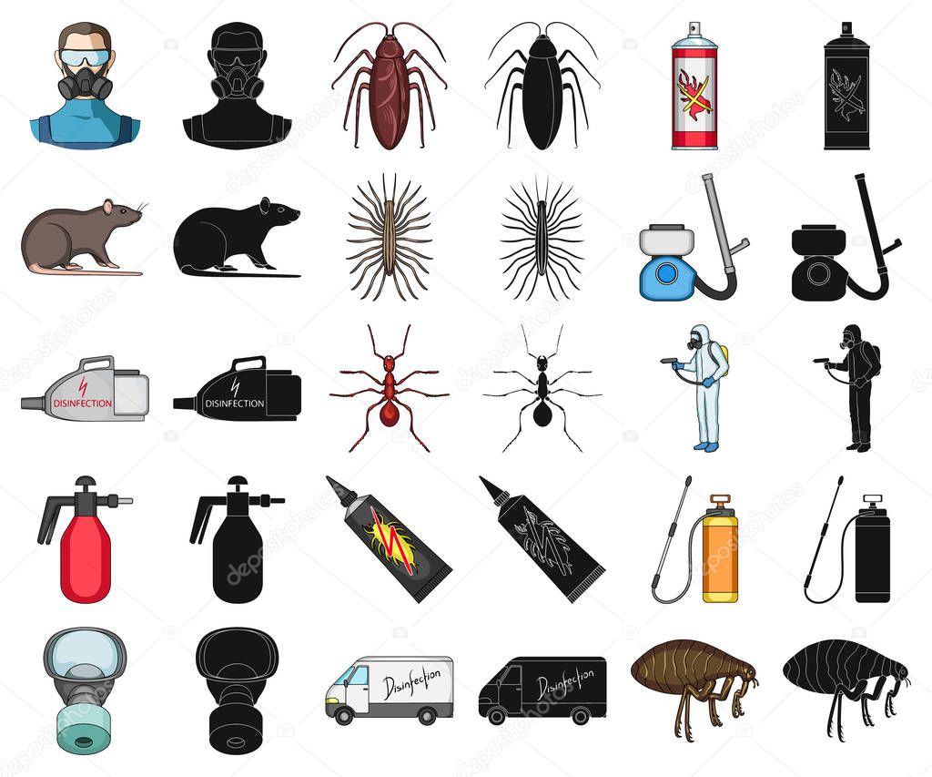 Plaga, veneno, personal y equipo de dibujos animados, iconos negros en ...