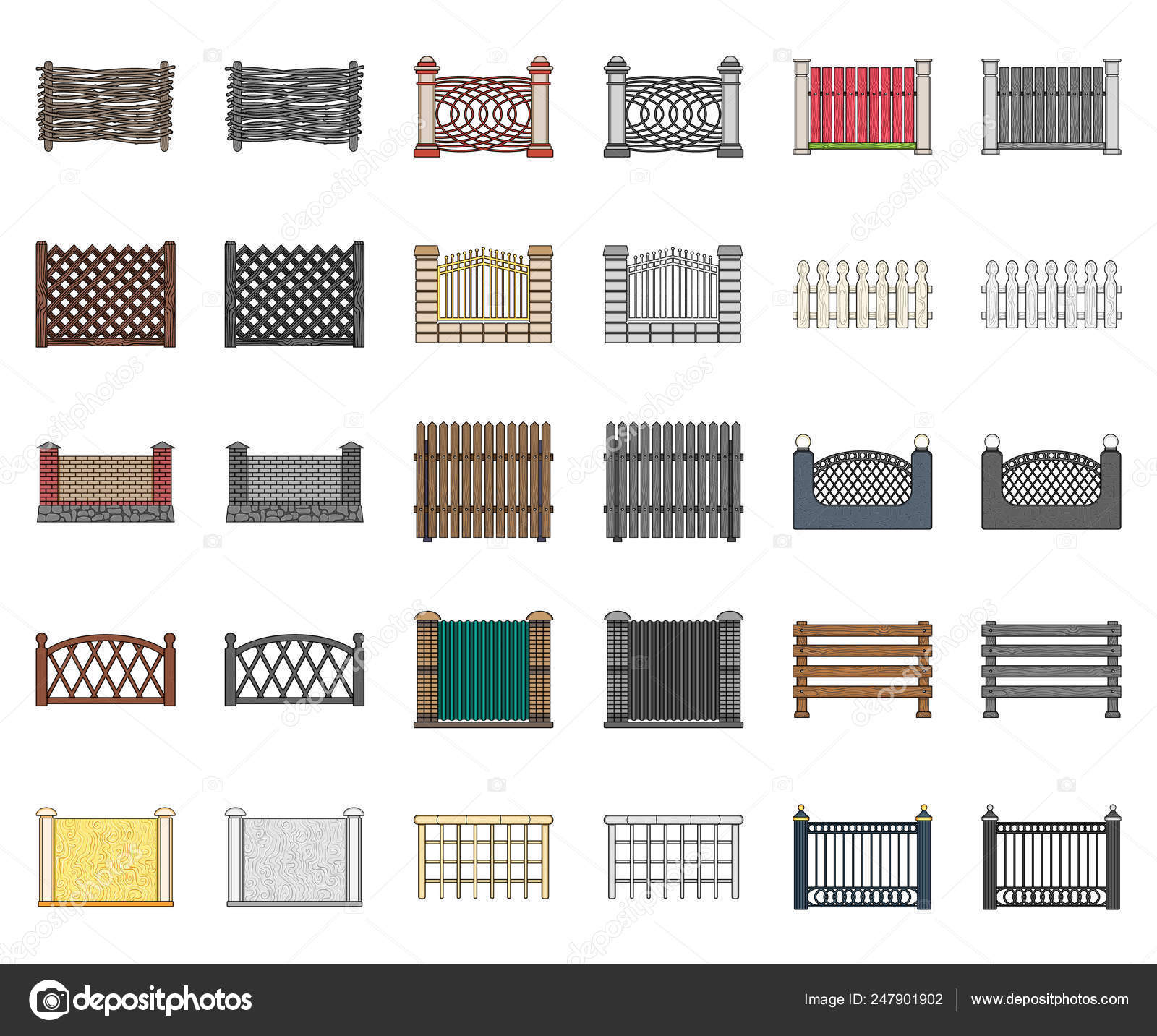 Different fence cartoon,monochrom icons in set collection for design ...