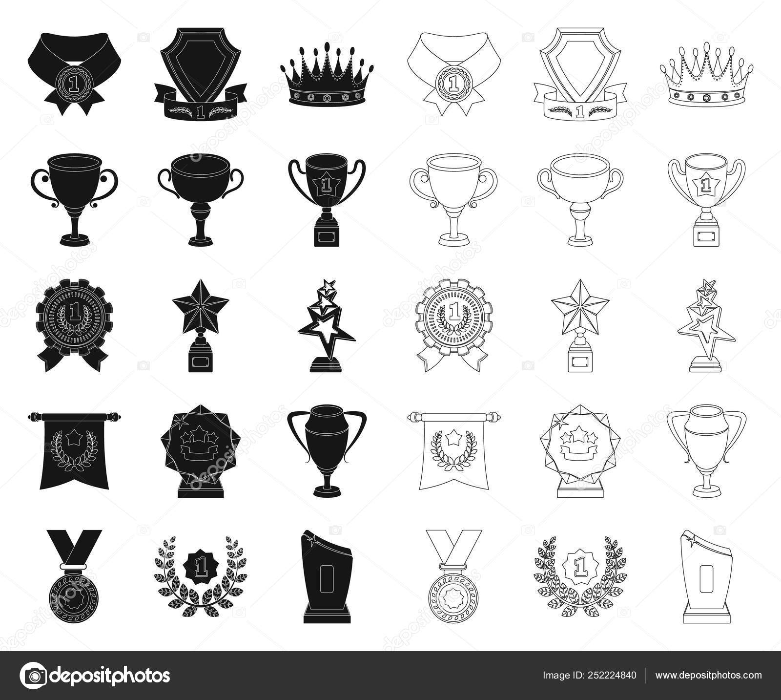 Prêmios e troféus preto, ícones esboço na coleção de conjuntos para ...