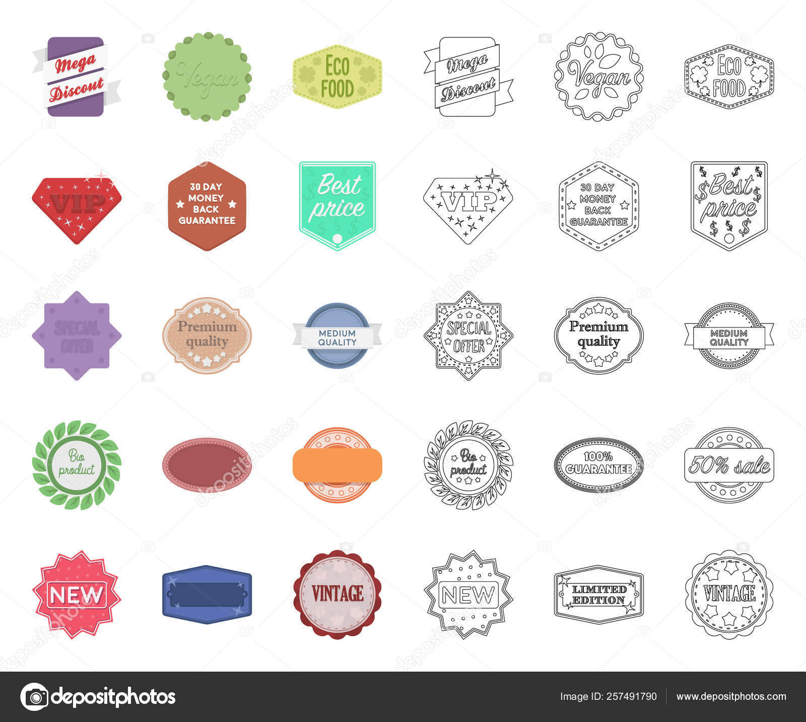 Kartun label berbeda, ikon garis besar dalam koleksi set untuk desain ...