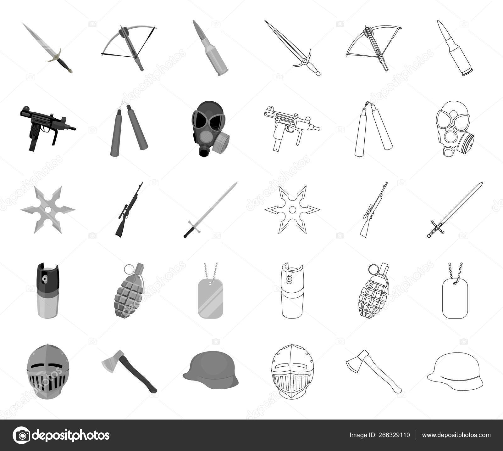 Types of weapons mono,outline icons in set collection for design ...