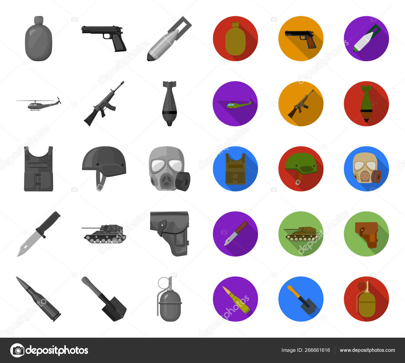 Army and armament mono,flat icons in set collection for design. Weapons ...