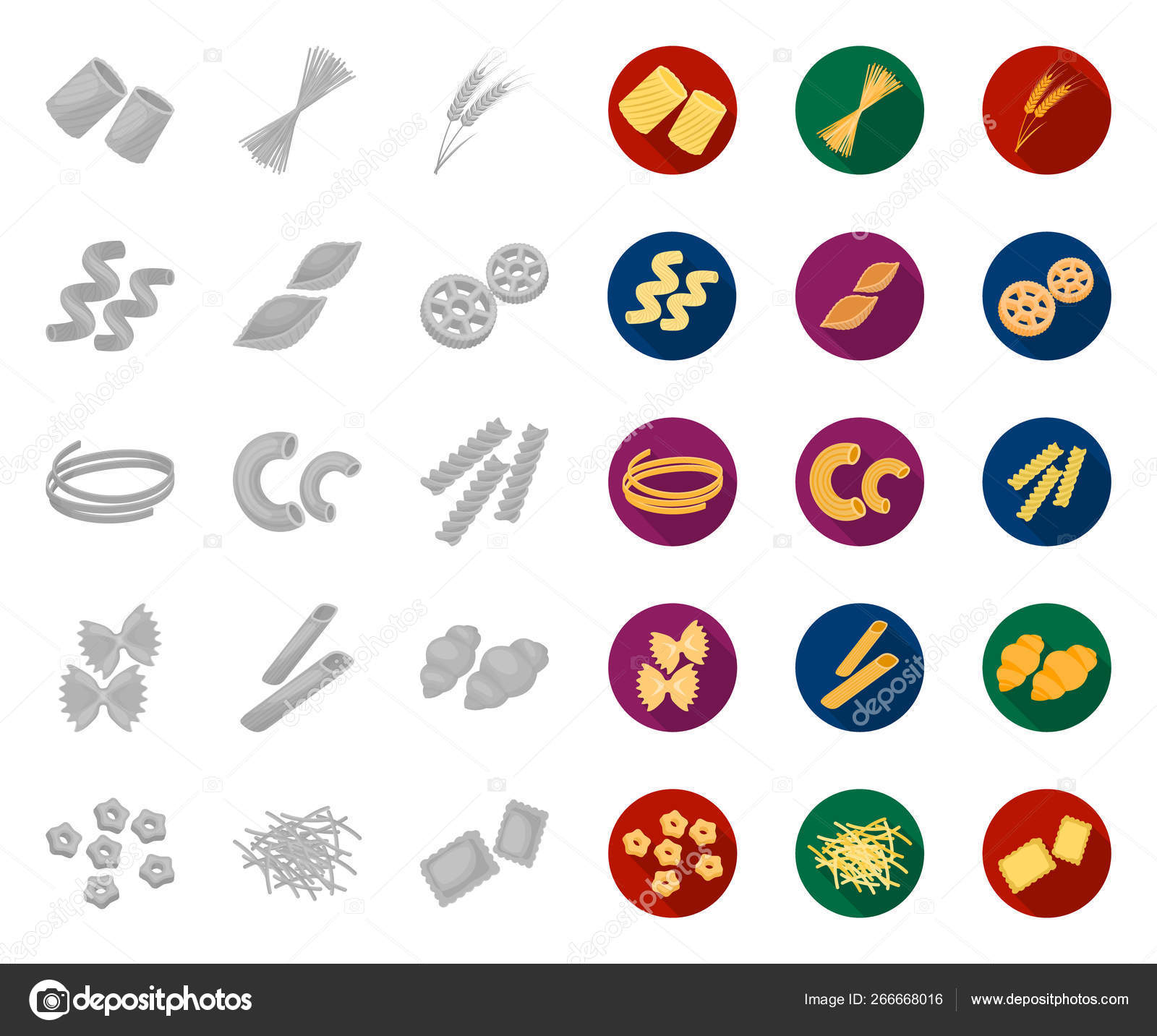 Types de pâtes mono, icônes plates dans la collection de set pour le ...