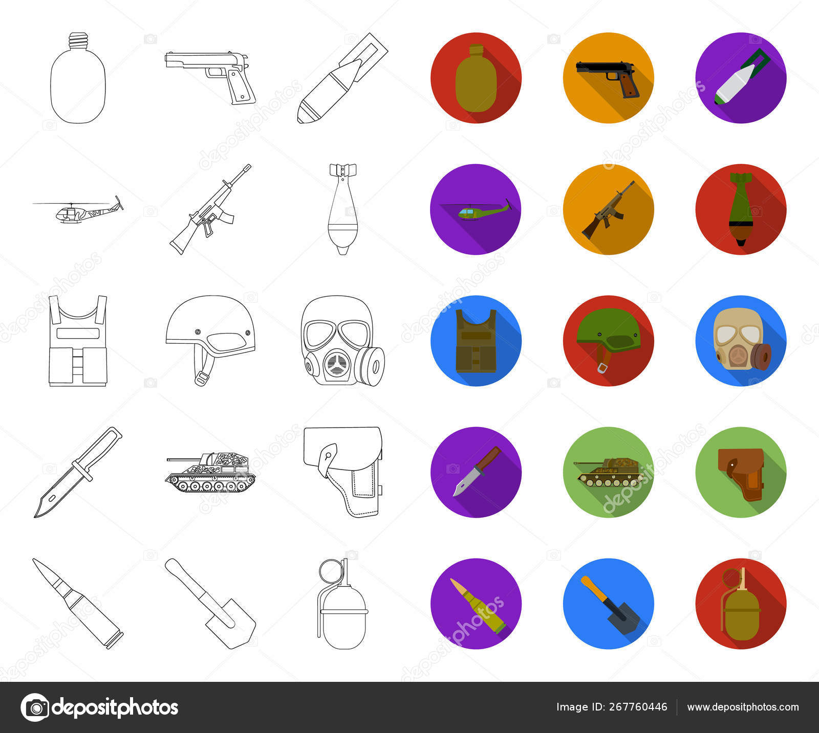 军队和军备大纲，平面图标在集合集合设计。武器装备矢量符号库存网络插图. 图库矢量图©PandaVector 267760446