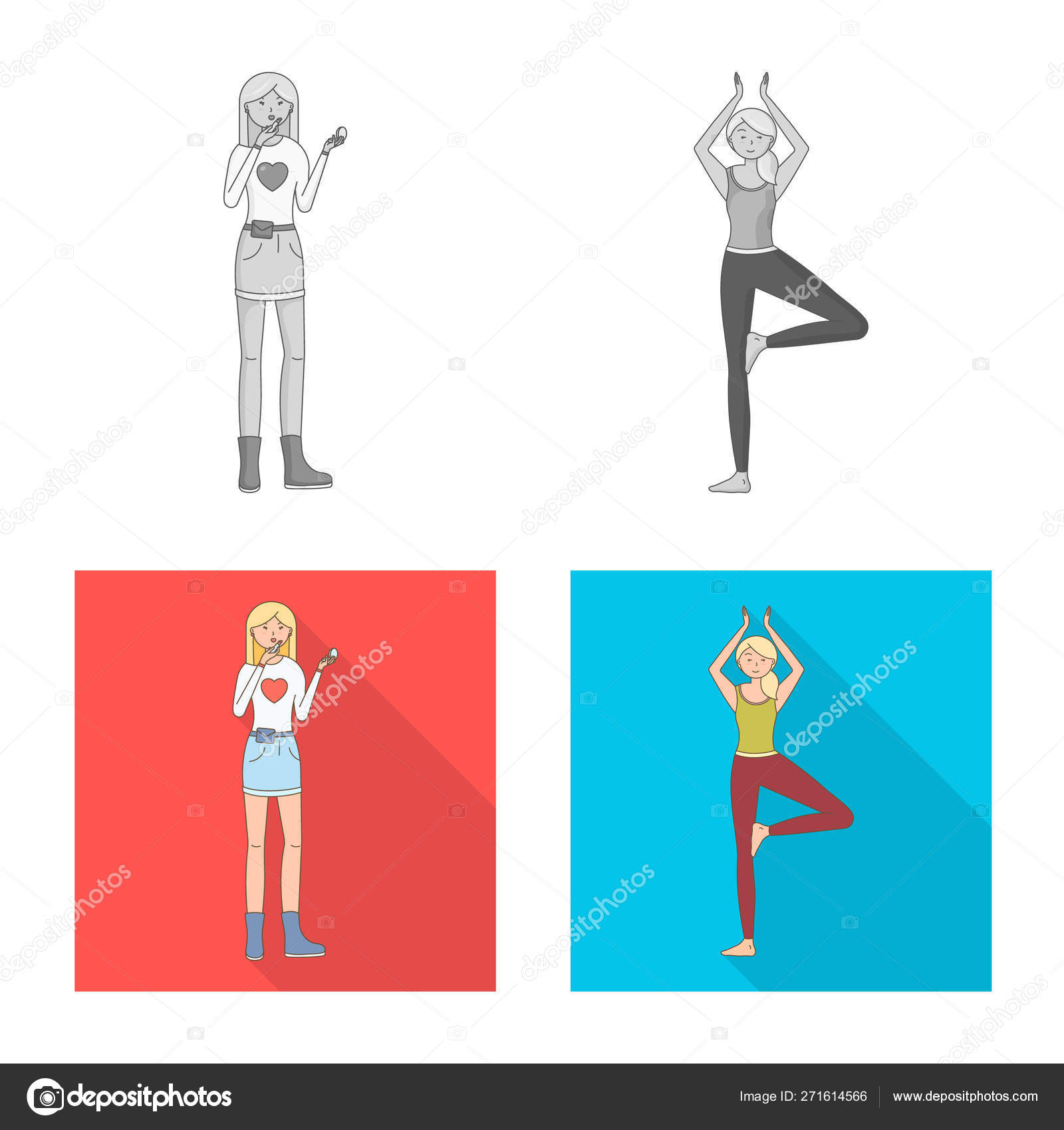Vector illustration of posture and mood icon. Set of posture and female ...