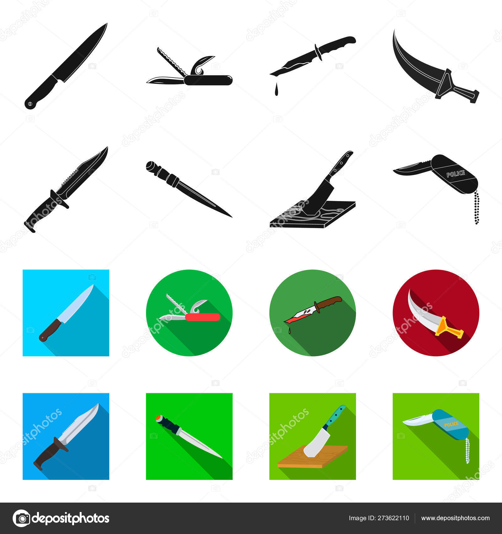 Vector illustration of knife and cut sign. Set of knife and flat stock ...