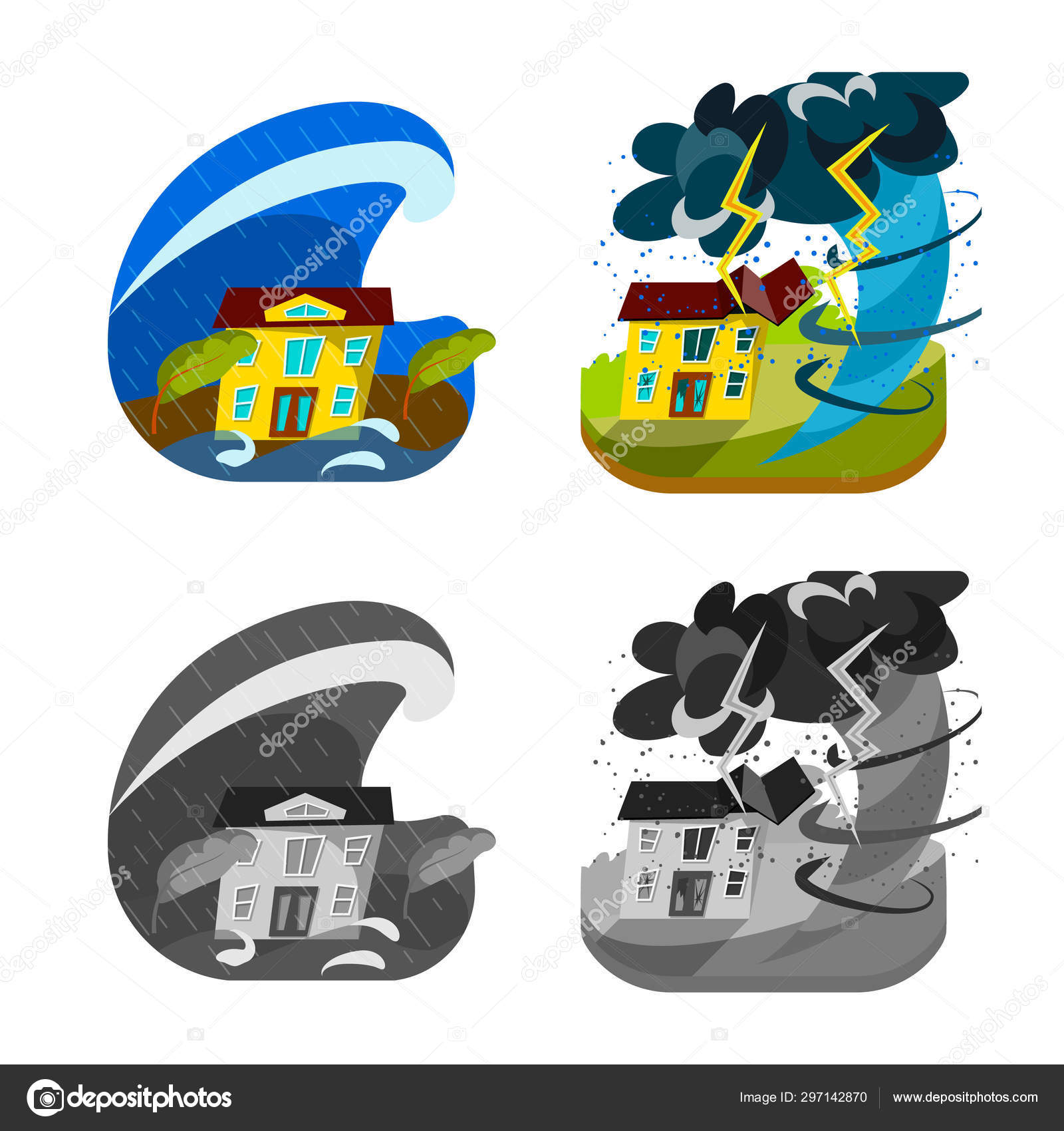 Vector illustration of weather and distress symbol. Set of weather and ...
