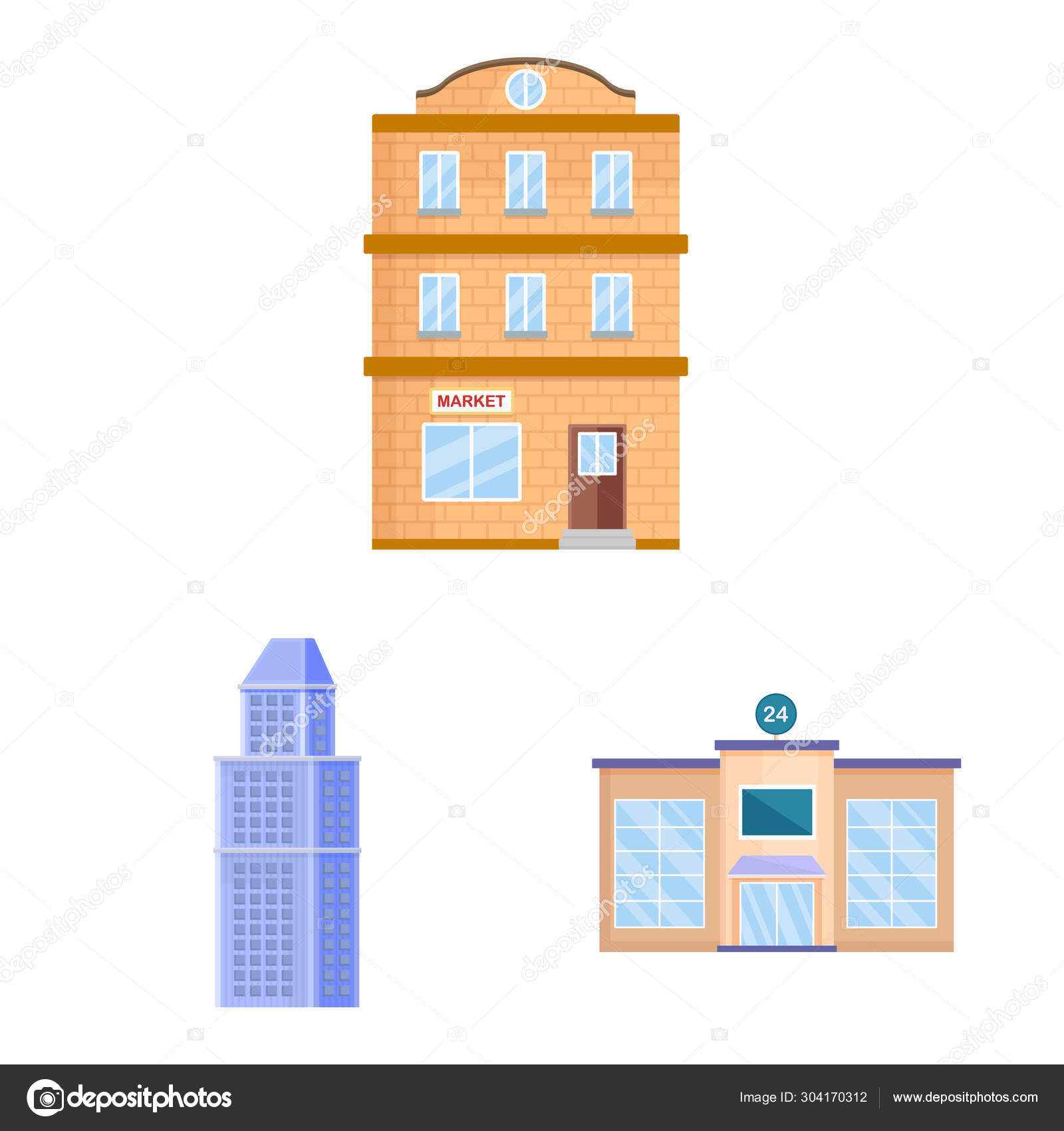 Vector illustration of facade and building symbol. Set of facade and ...