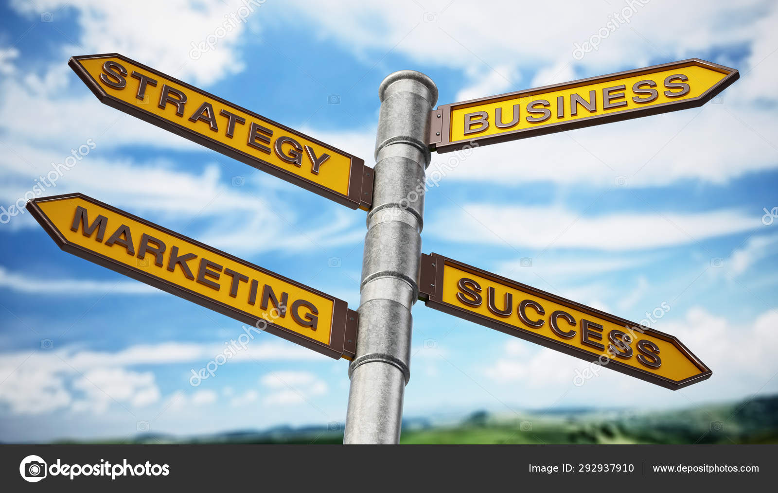 Business, strategy and success signboard against blue sky. 3D ...