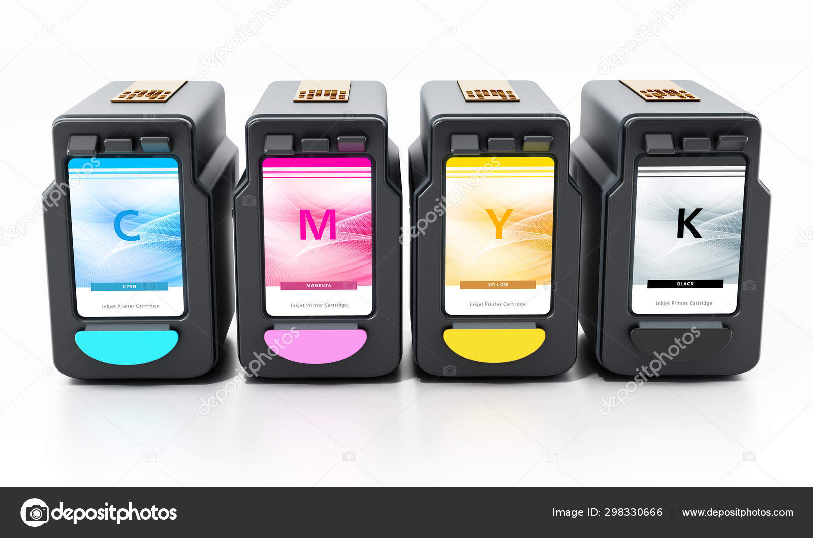 Generic inkjet printer CMYK cartridges isolated on white background. 3D ...