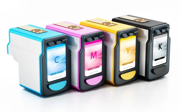 Generic inkjet printer CMYK cartridges isolated on white background. 3D ...