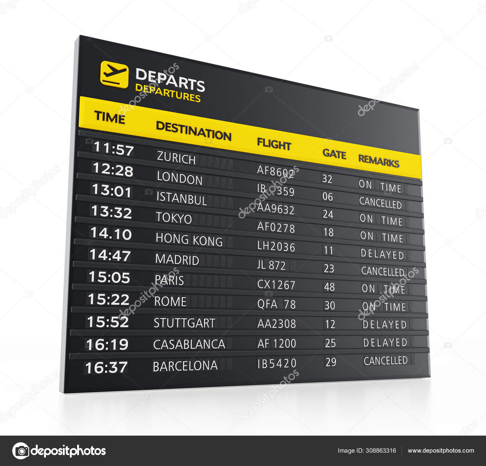 Airport boarding sign isolated on white background. 3D illustration ...
