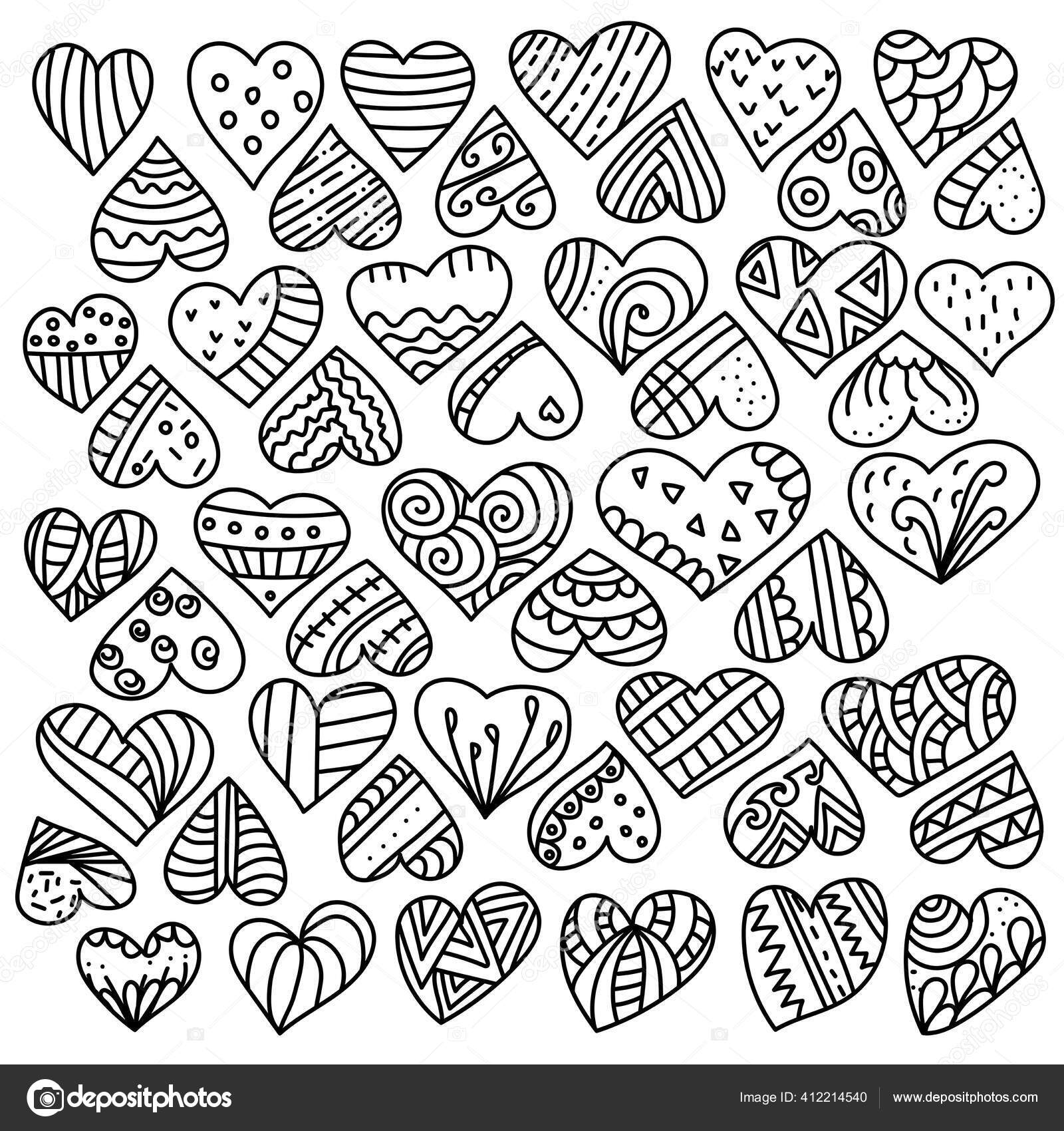 Set Doodle Hearts Different Linear Patterns Simple Cute Hearts Lines ...