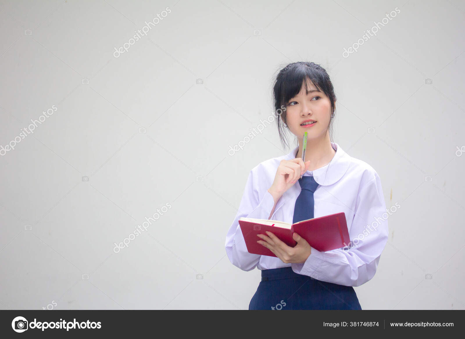 Asia Thai High School Student Uniform Beautiful Girl Write Book — Stock ...