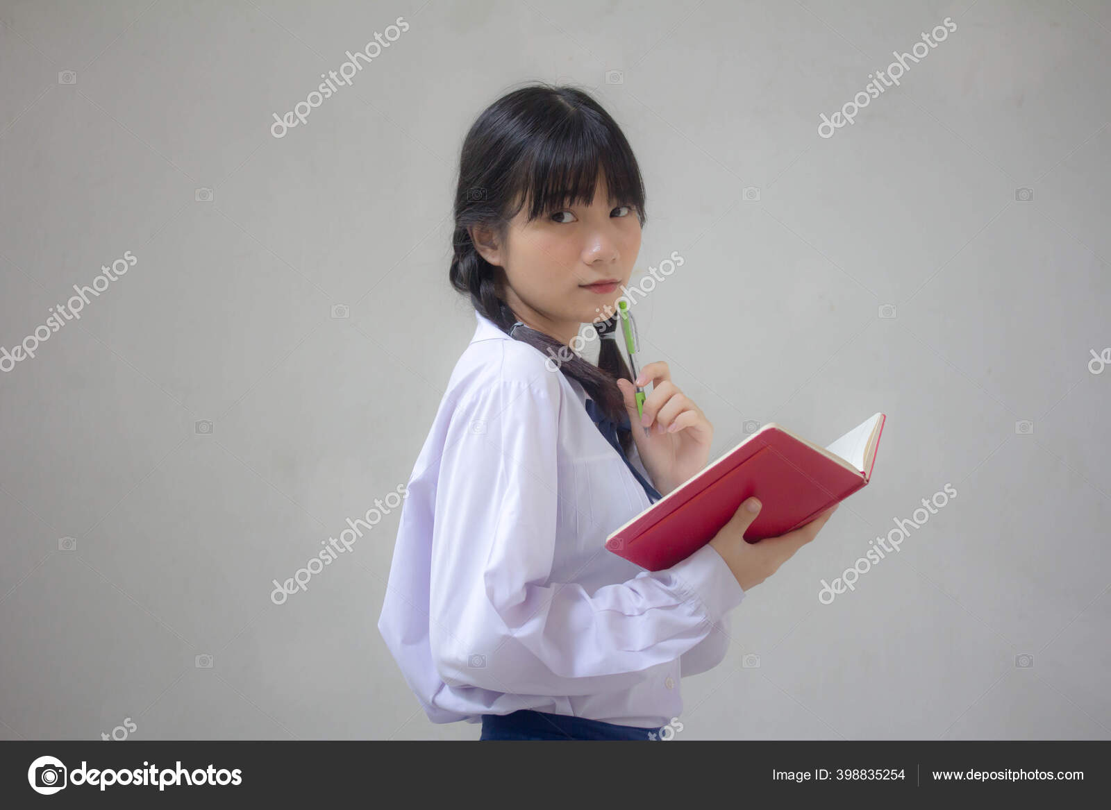 Asia Thai High School Student Uniform Beautiful Girl Write Book — Stock ...