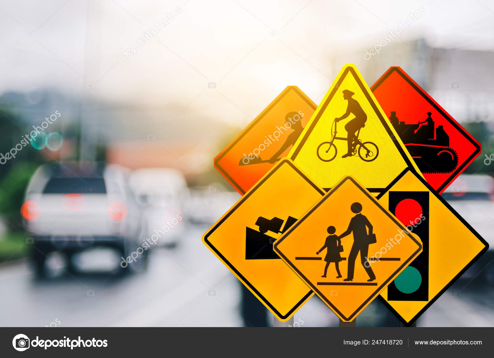 Set Traffic Warning Sign Blur Traffic Road Colorful Bokeh Light Stock ...