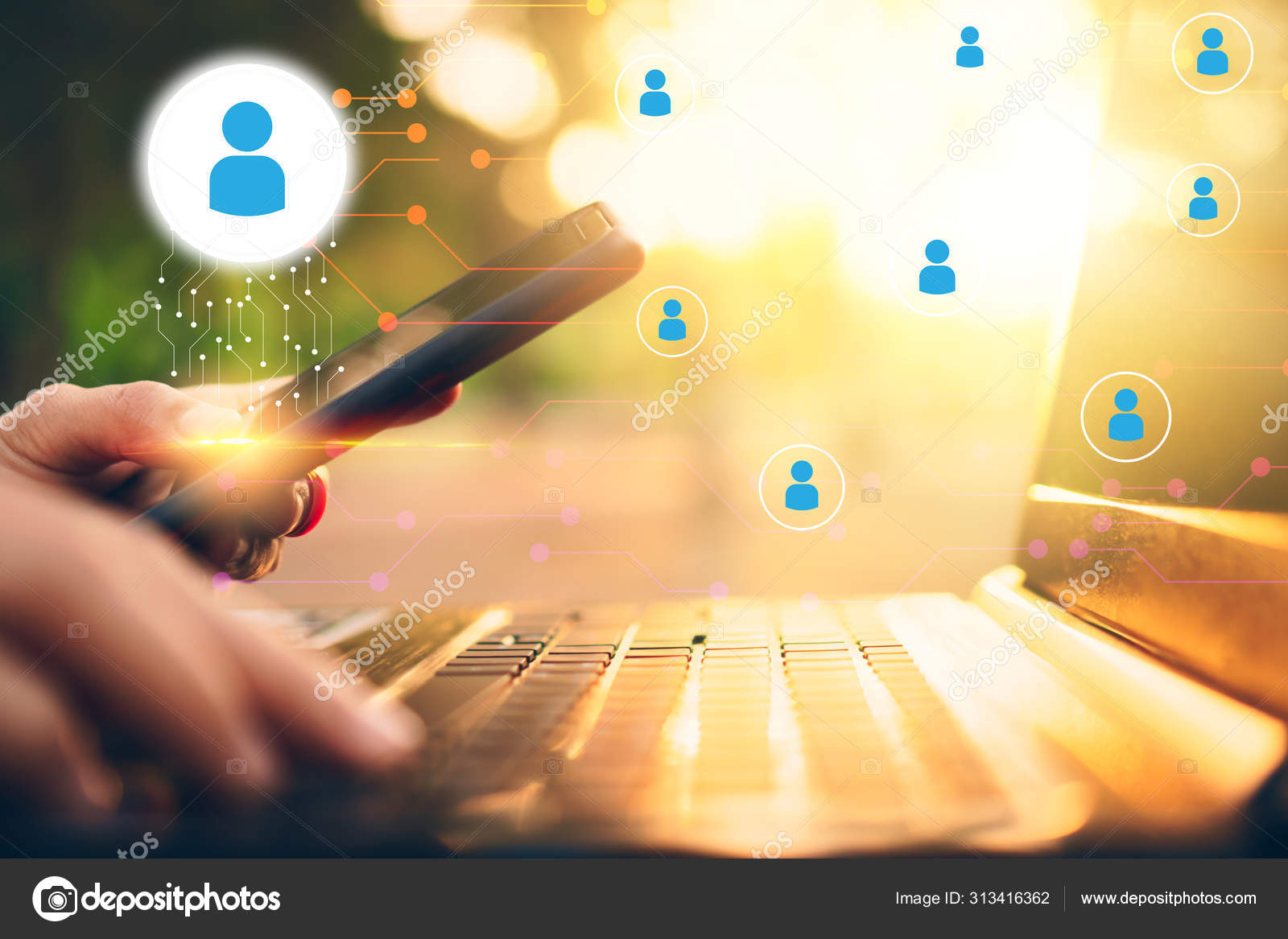 Woman hand using smart phone and laptop at outdoor nature park with ...