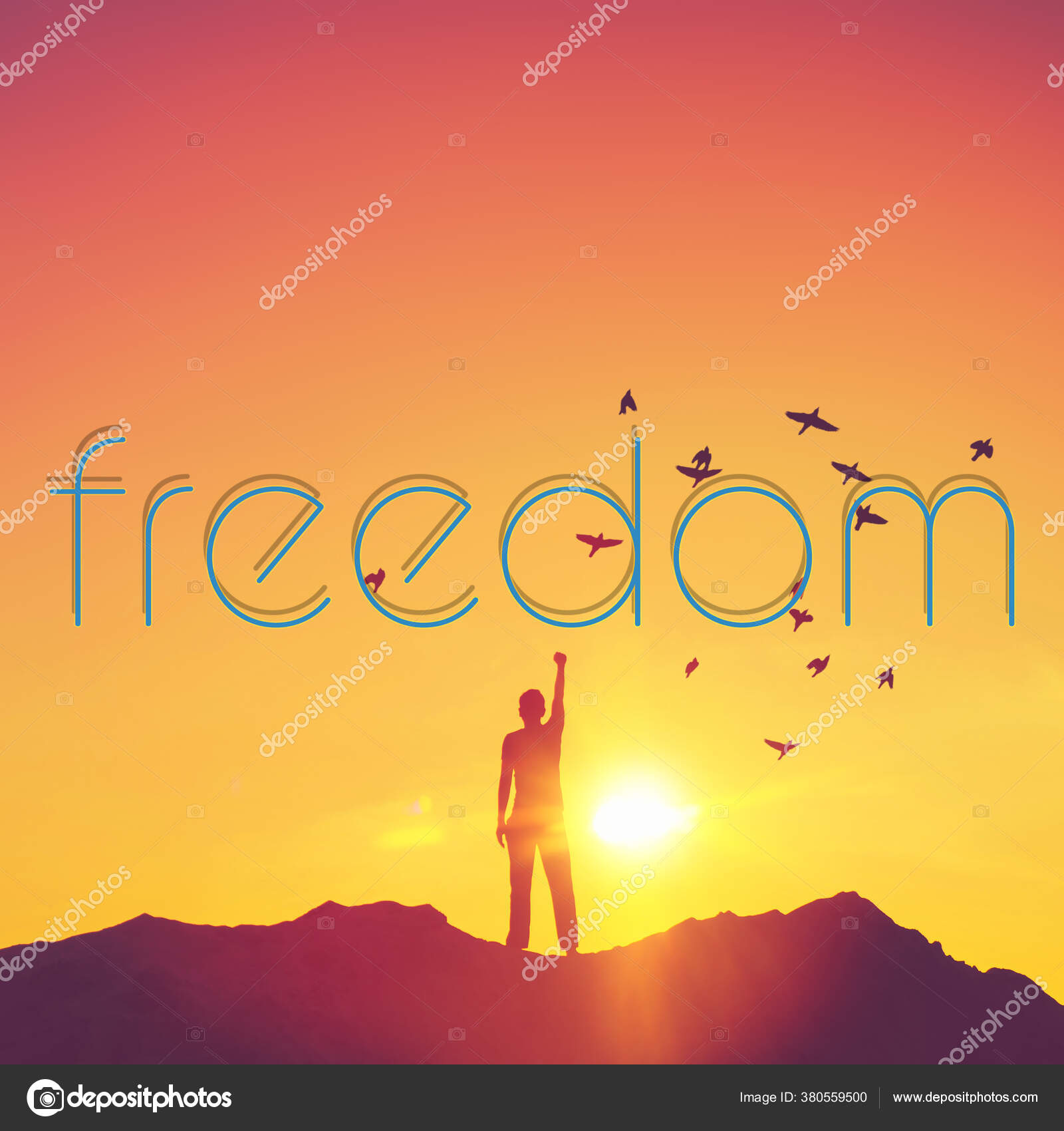 Freedom Words Man Raise Hand Top Mountain Sunset Sky Birds — Stock ...