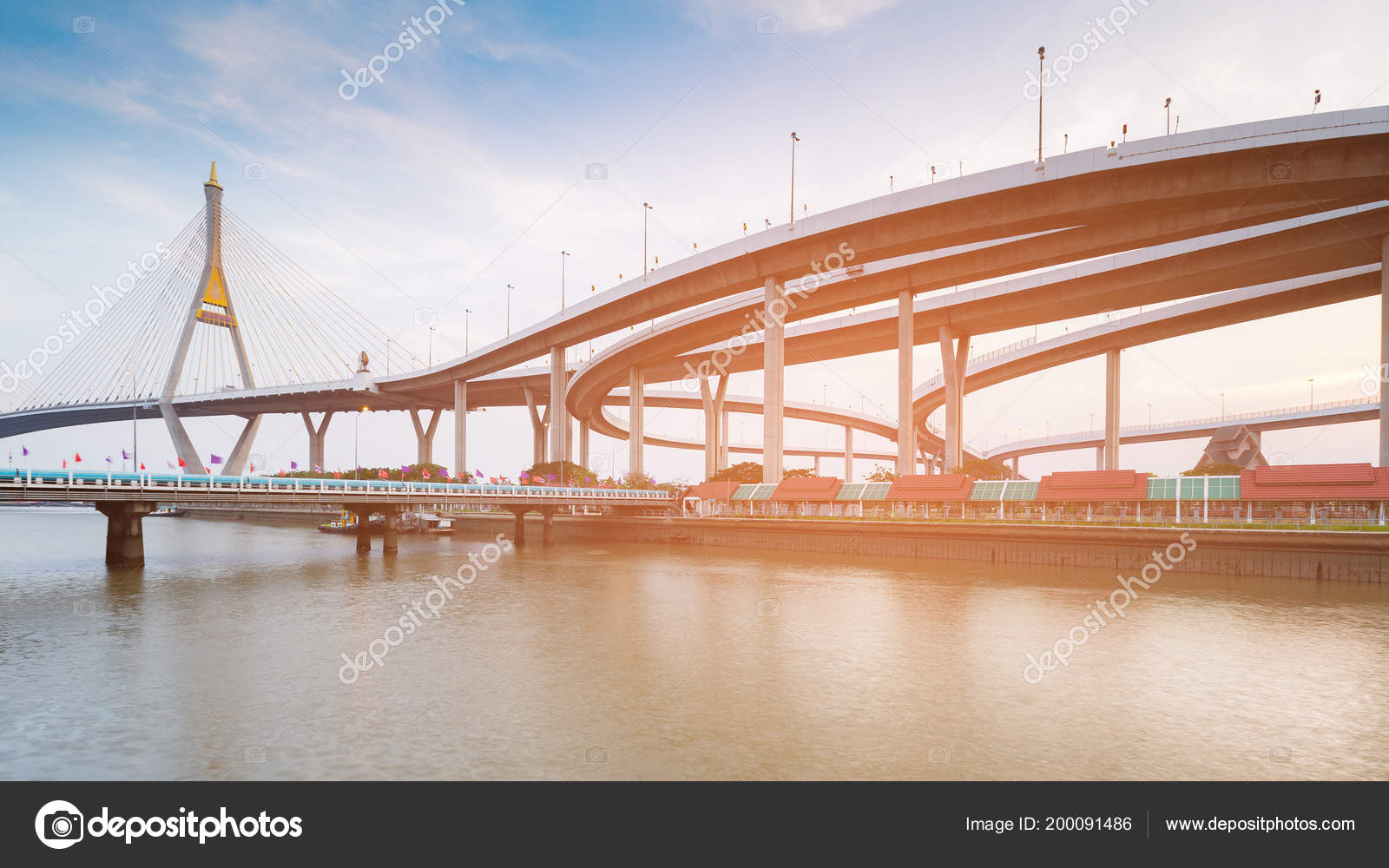 Highway Intersection Connect Suspension Bridge River Front — Stock ...