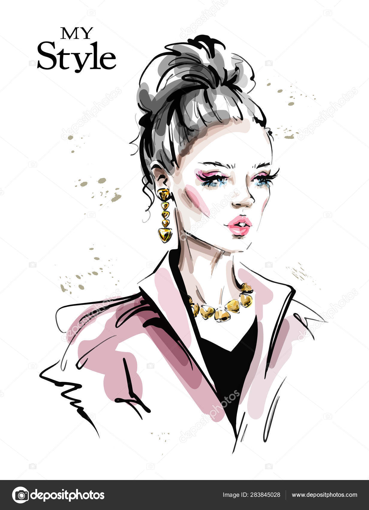 Hand Drawn Beautiful Young Woman Stylish Girl Fashion Woman Look Stock ...