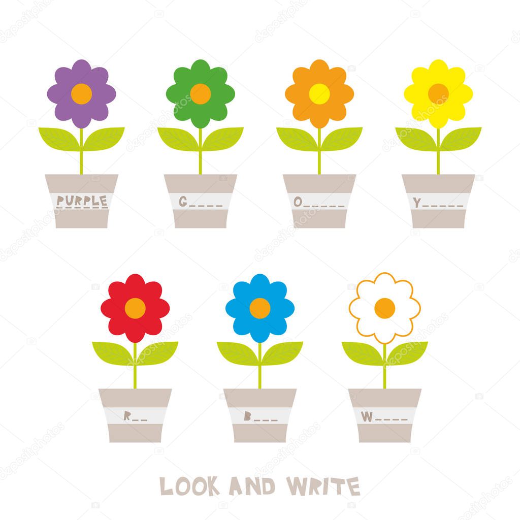 Mira y escribe. flores en macetas. Niños palabras juego de aprendizaje ...