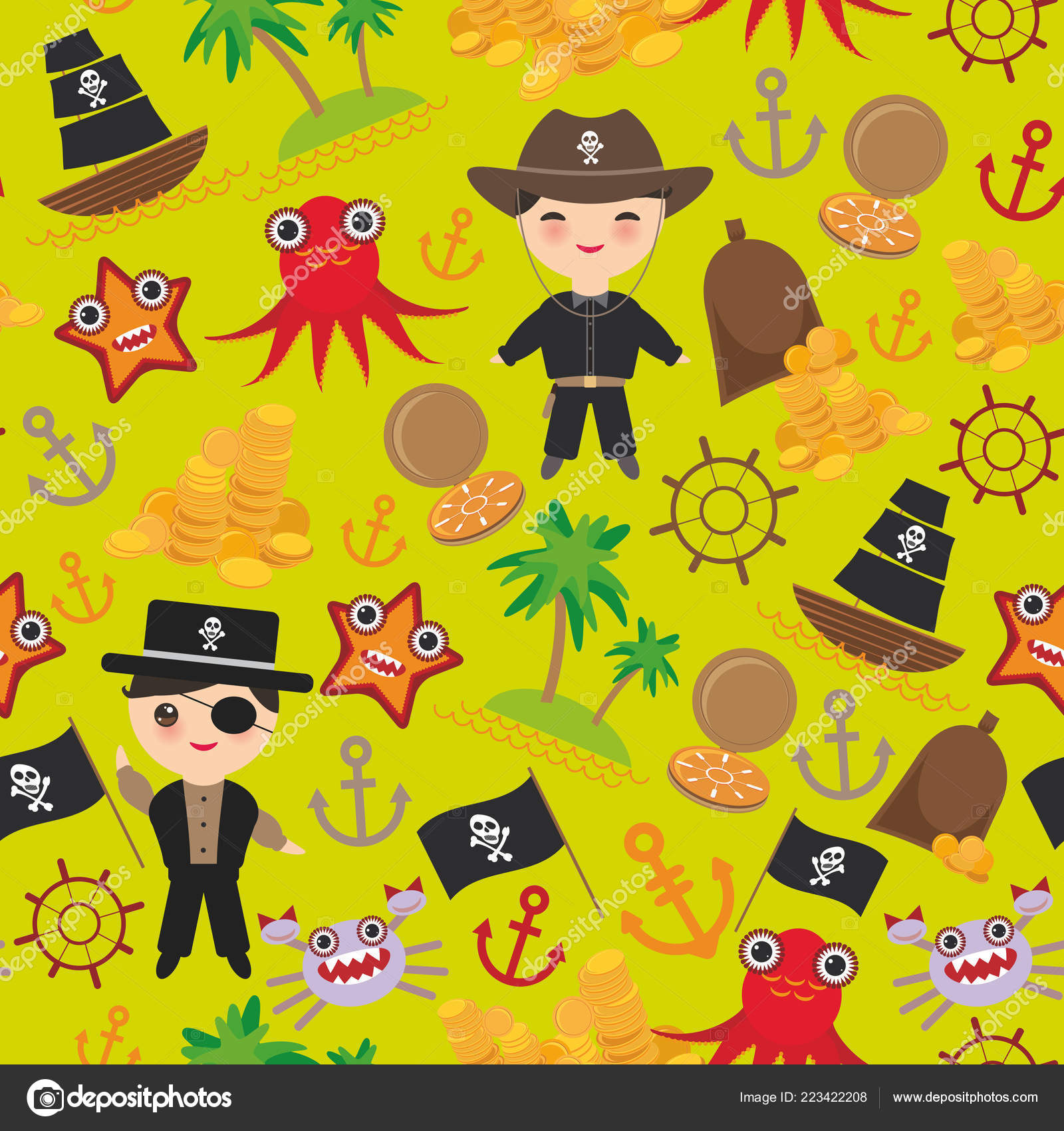 Marine Seamless Pirate Pattern Green Blue Background Pirate Boat Sail ...