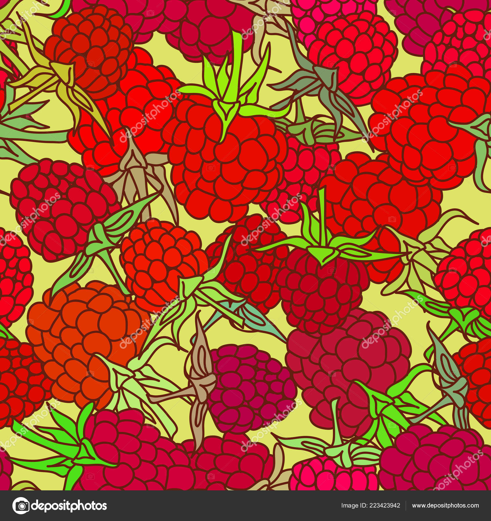 Red Raspberry Green Leaves Seamless Pettern Isolated Yelow Background ...