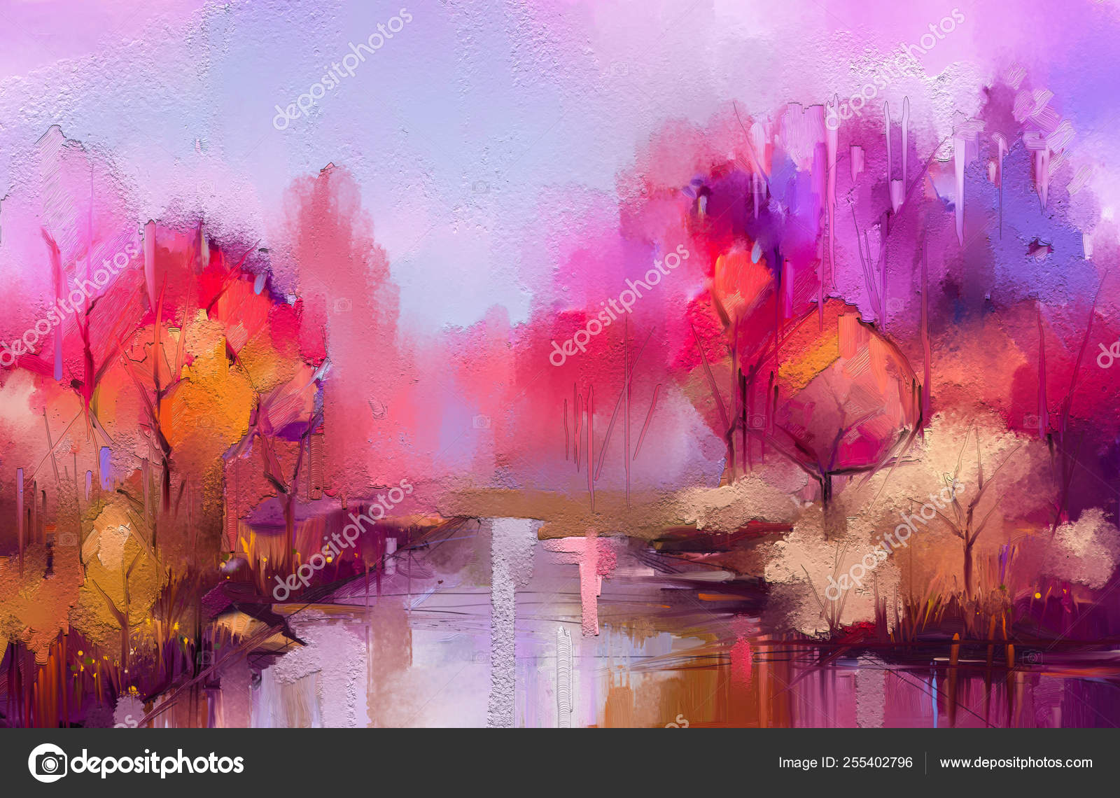 Oil painting colorful autumn trees. Semi abstract image of forest ...