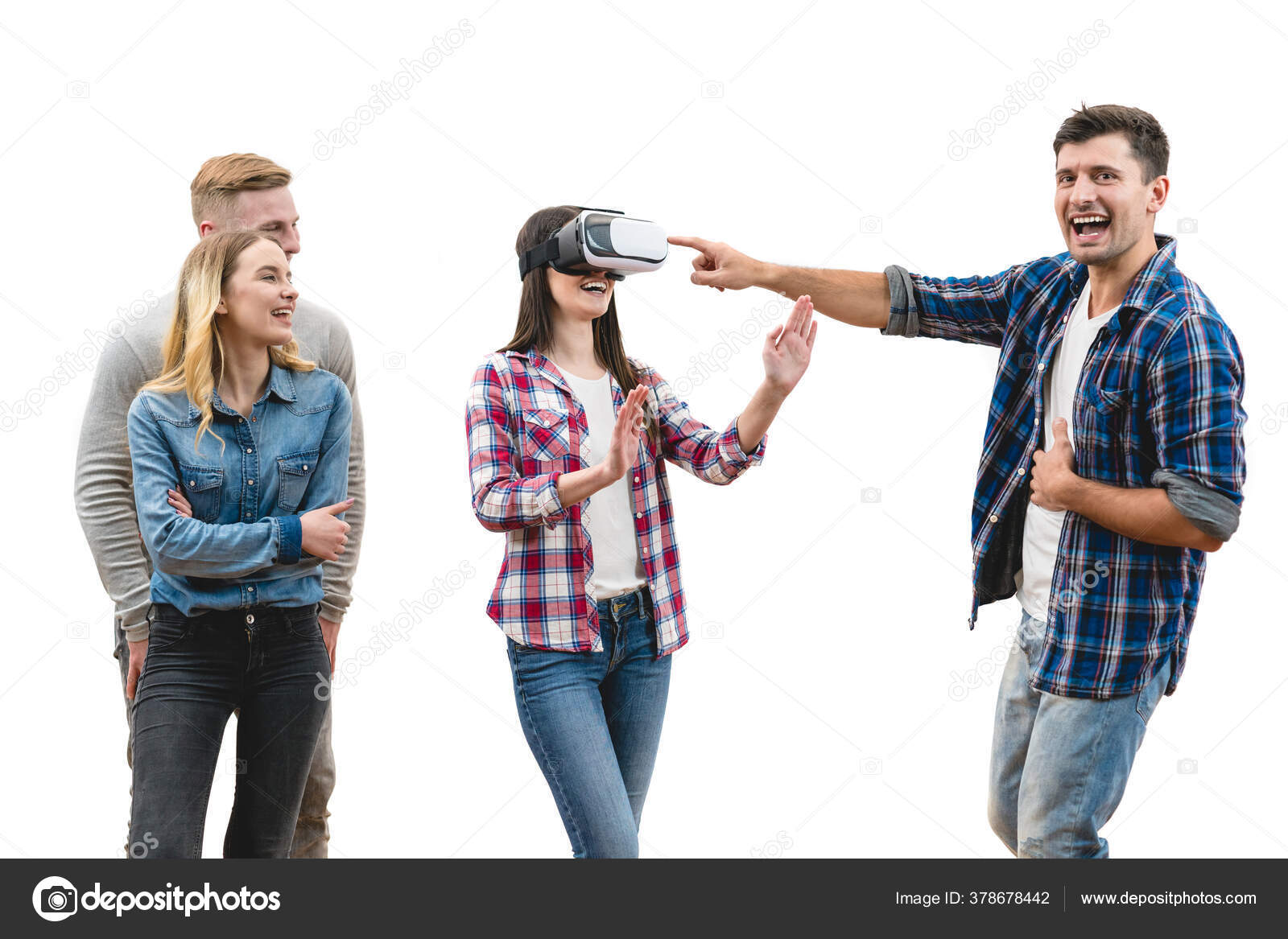 Four Happy People Play Virtual Reality Glasses White Background — Stock ...