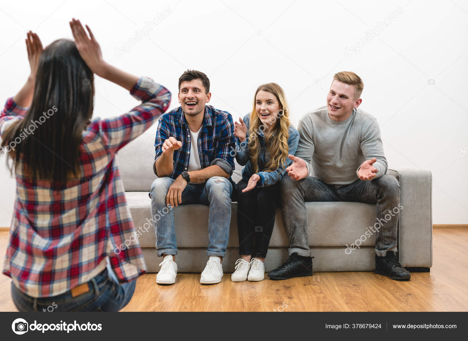 Four Friends Fun White Wall Background — Stock Photo © DPimage #378679424