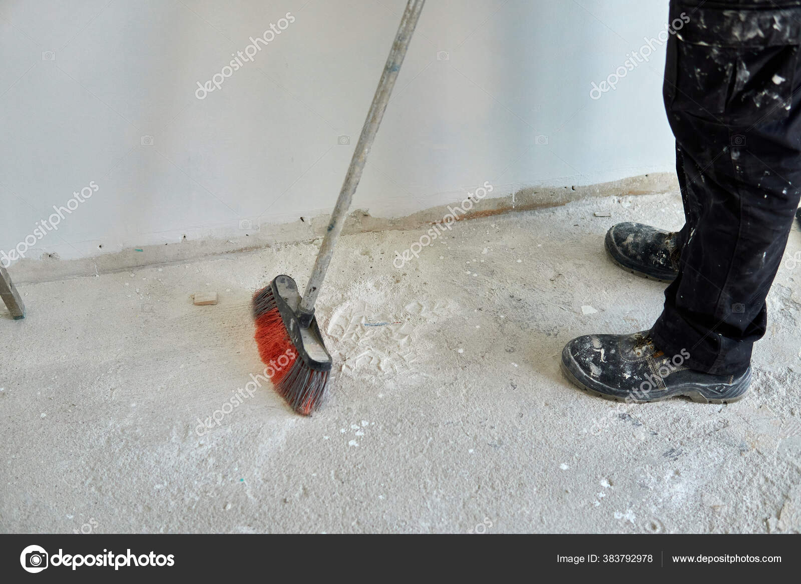 Worker Sweeping Dust Renovation Stock Photo by ©xavi_400 383792978