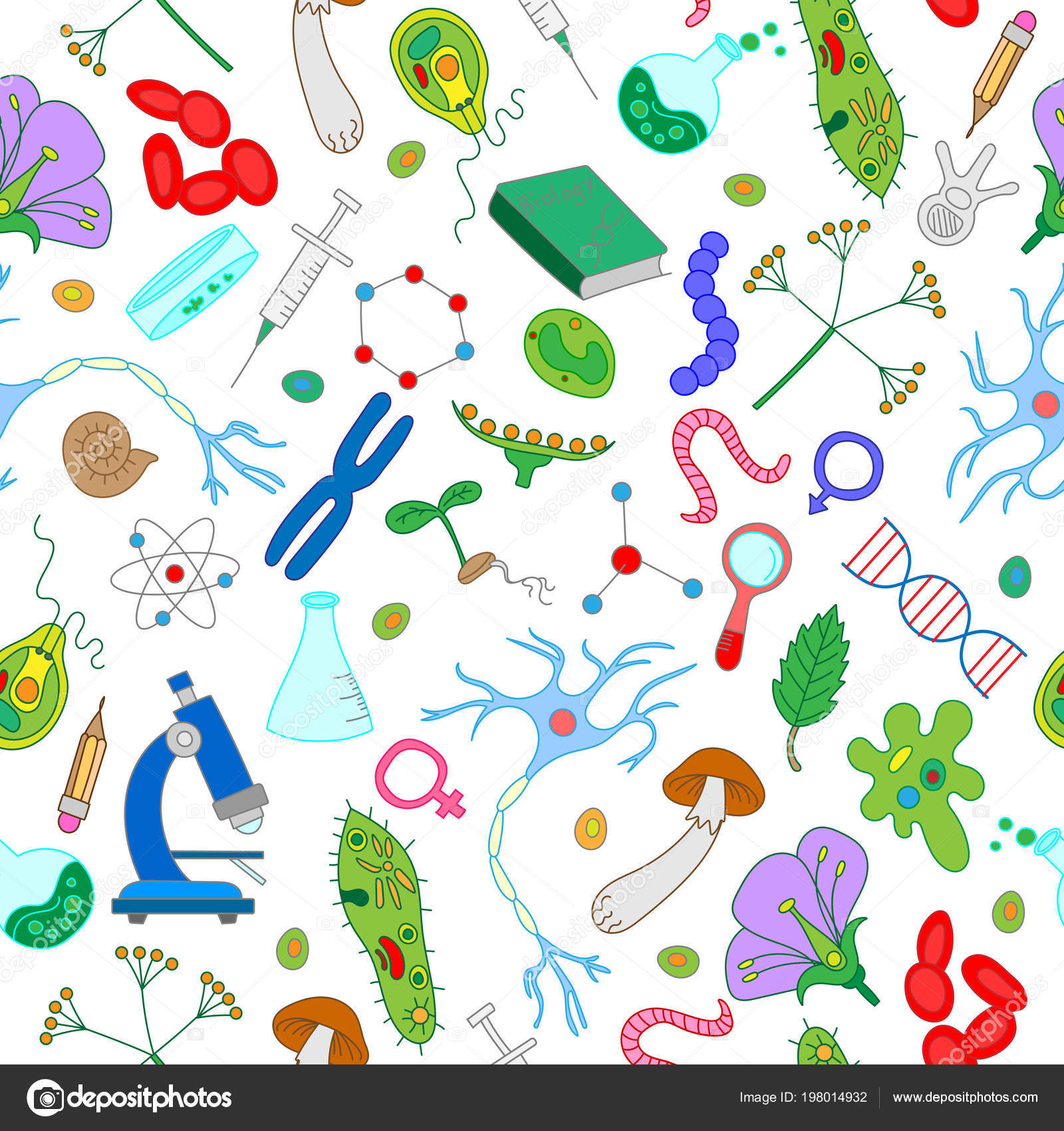 Seamless Pattern Simple Icons Biology Learning Color Icons Green ...