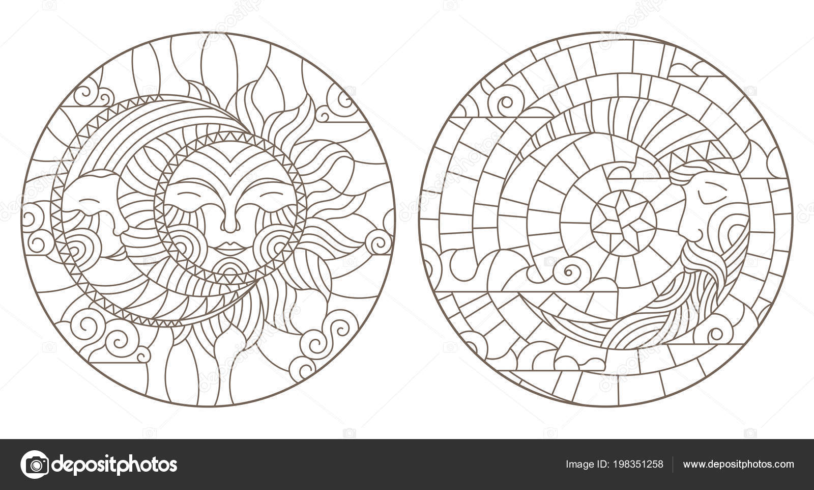Set Outline Illustrations Stained Glass Windows Sun Moon Cloudy Sky ...