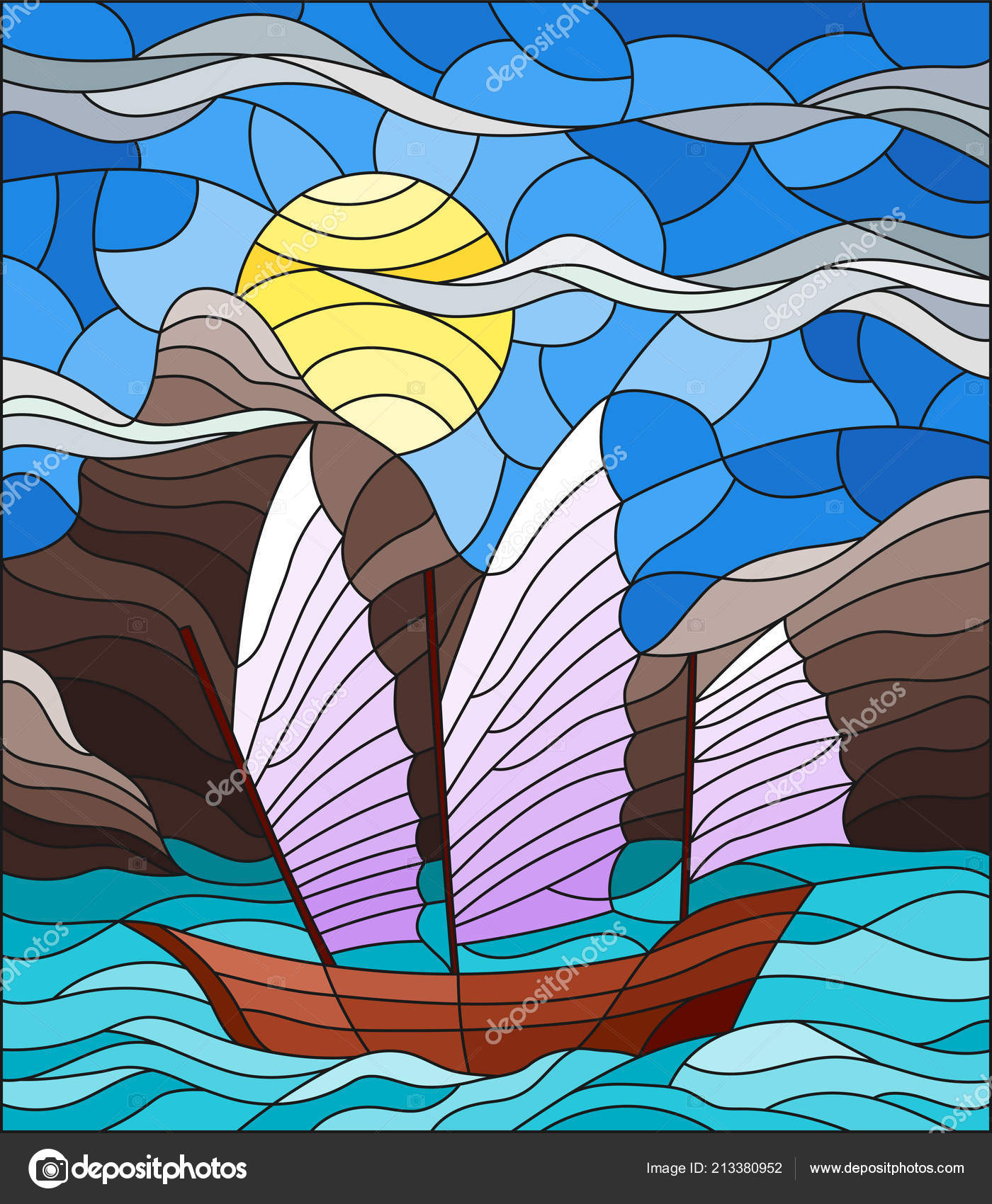 Eastern Ship Light Sails Background Sky Sun Rocky Shores Stock Vector ...