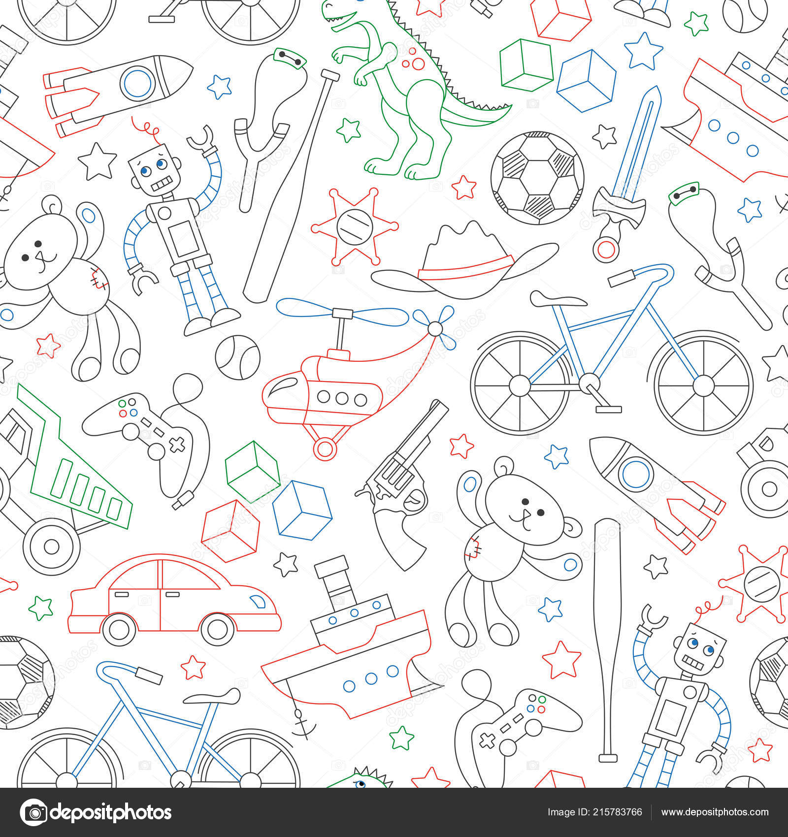 Seamless Pattern Theme Childhood Toys Toys Boys Colored Outlines Icons ...