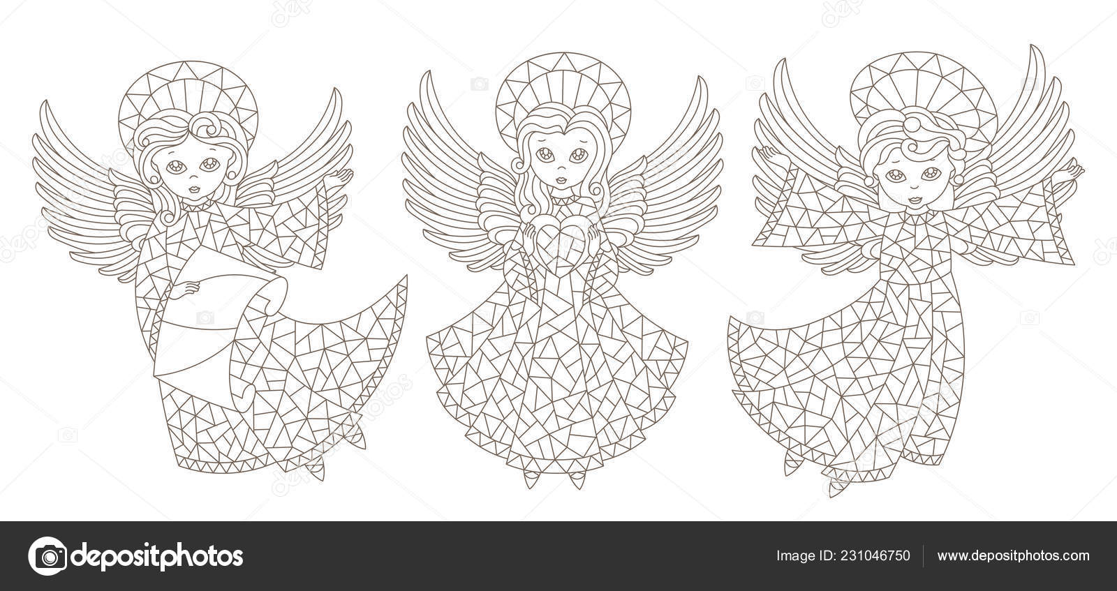 Set Stained Glass Angels Contour Figures Isolated White Background ...