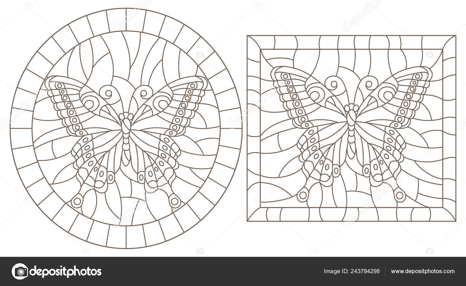 Contour Set Illustrations Stained Glass Butterflies Dark Outline White ...