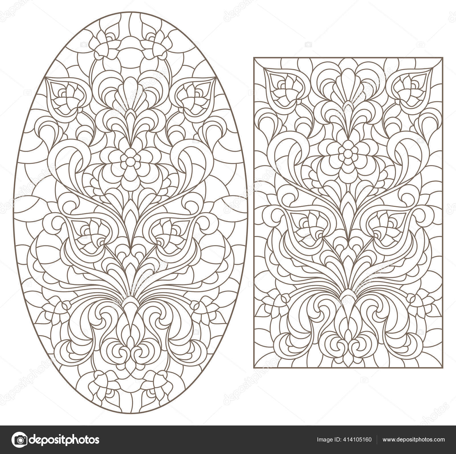 Set Contour Illustrations Stained Glass Abstract Swirls Flowers ...