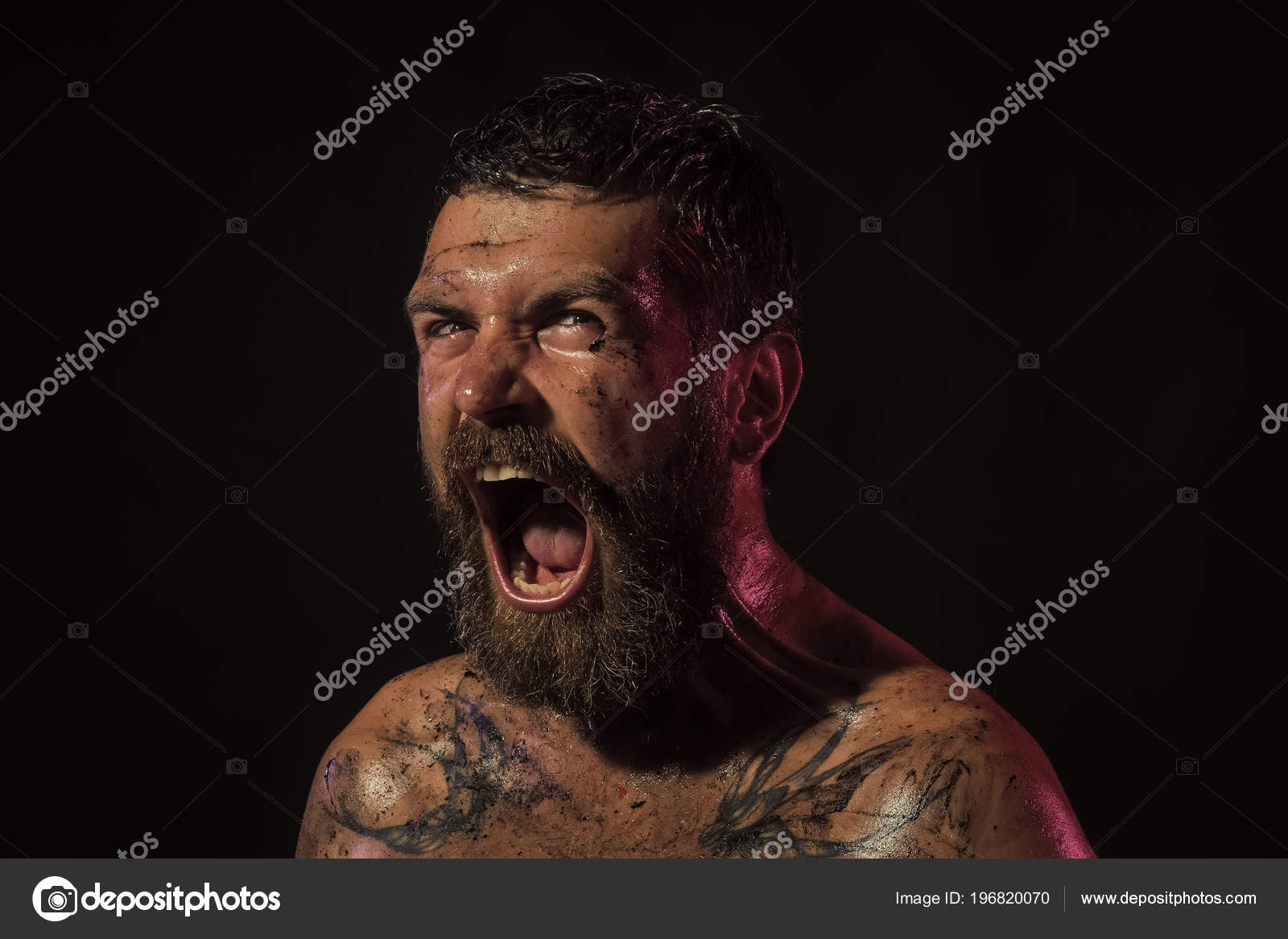 Handsome man face. Bearded man with angry face shout on black ...