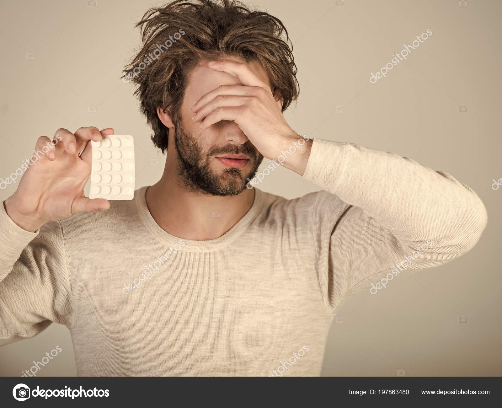 Man face handsome. Cold, flu and headache treatment, hypnotic tablet ...