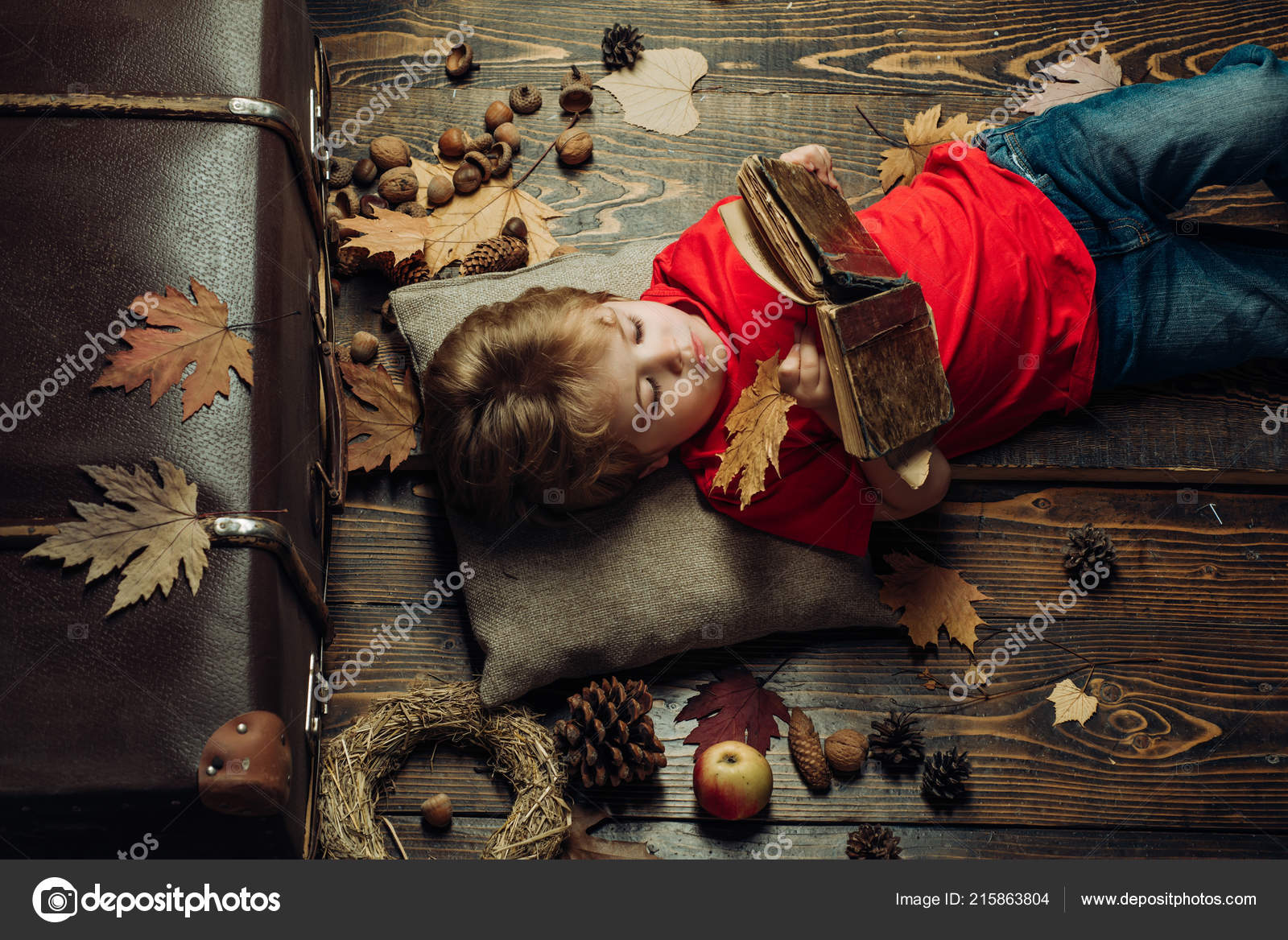 Kid having fun with Leaf fall. Cute little child boy are getting ready ...