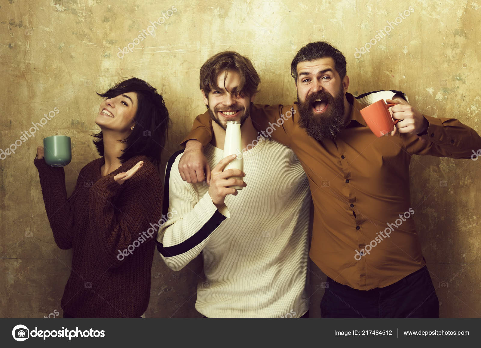 Happy friends drinking milk or yogurt Stock Photo by ©Tverdohlib.com ...