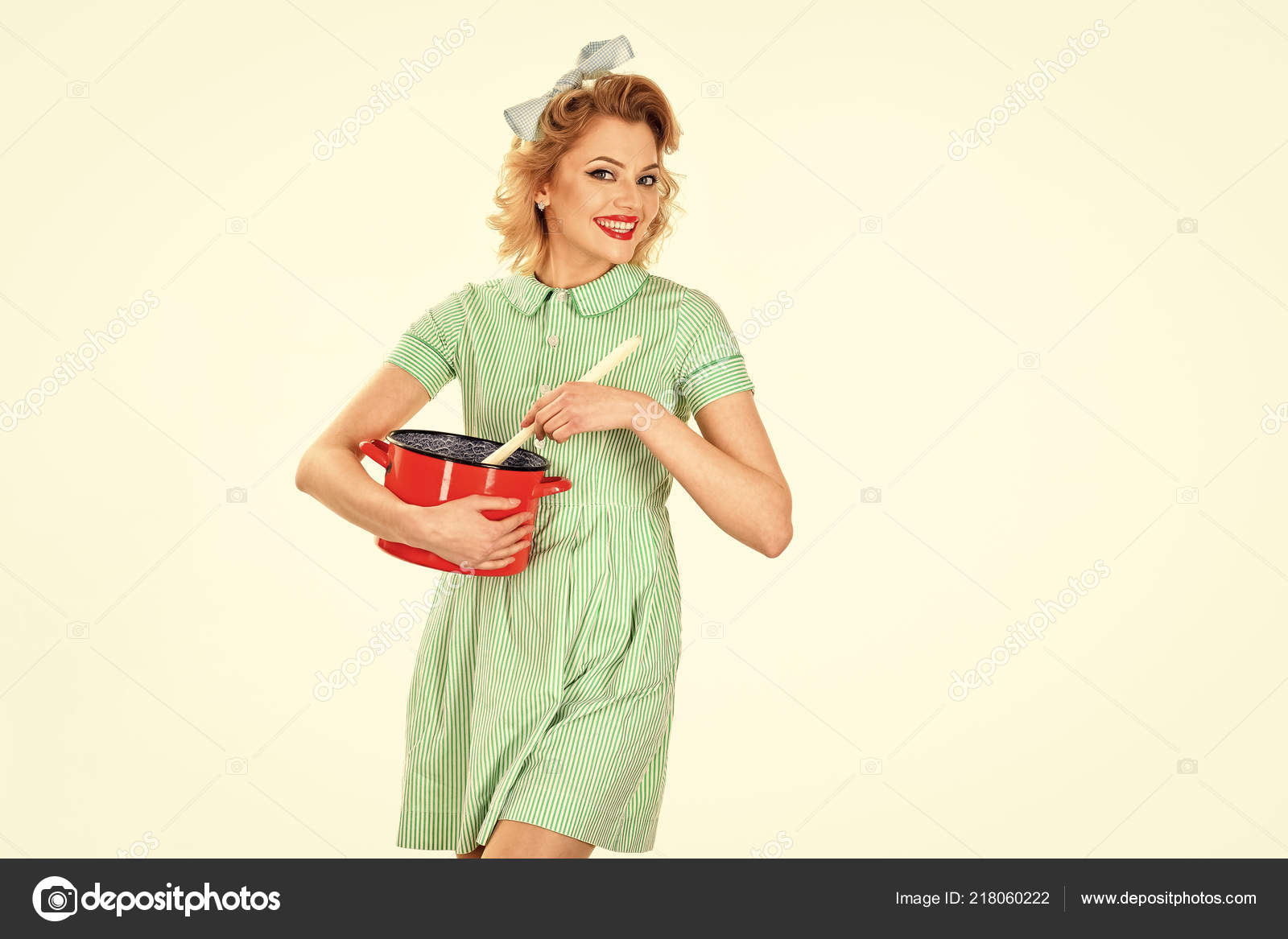 Pinup woman cook hold kitchenware, retro style, maid. Stock Photo by ...
