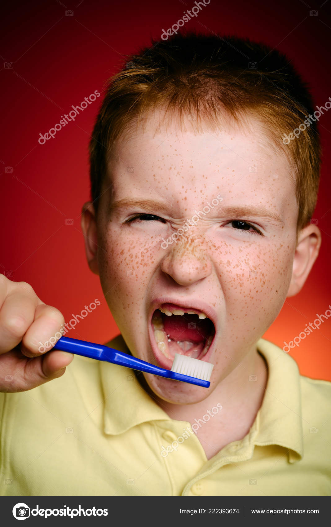 Boy clean teeth with toothbrush. Shirt design, health, oral hygiene ...