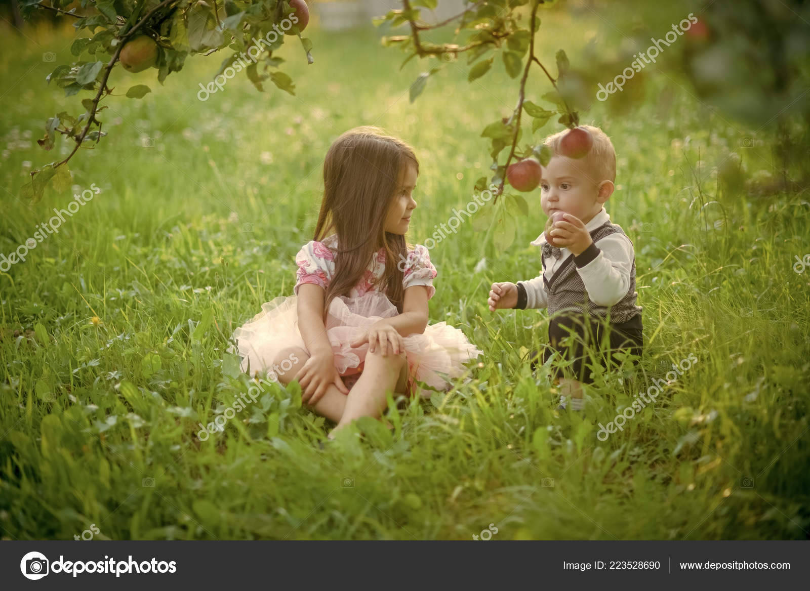 Children sit under apple tree in summer park — Stock Photo © Tverdohlib ...