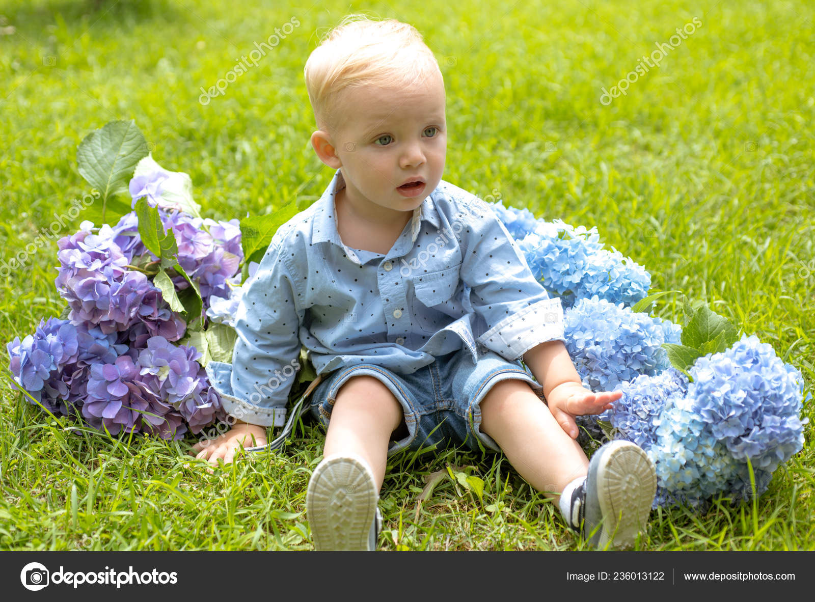 Little boy at blooming flower. Childrens day. Small baby boy. New life ...