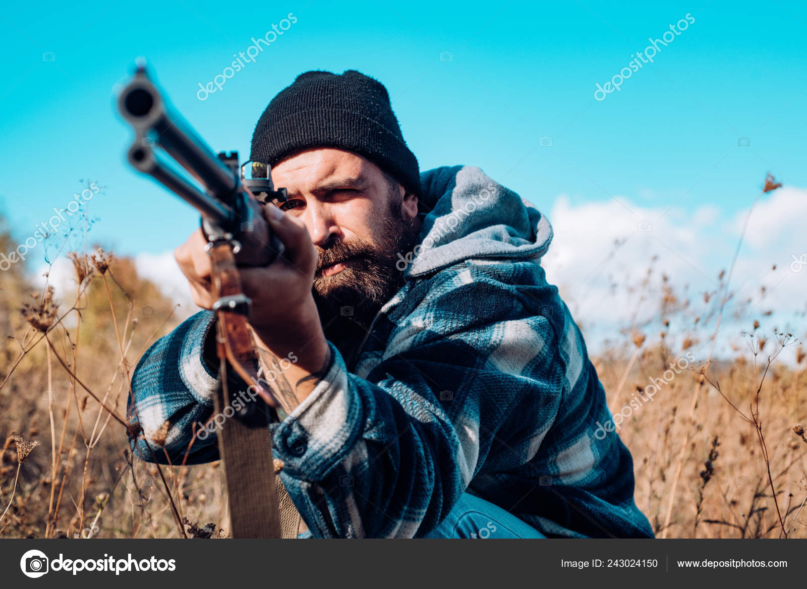 Hunting in America. Hunter with shotgun gun on hunt. Hunter aiming ...