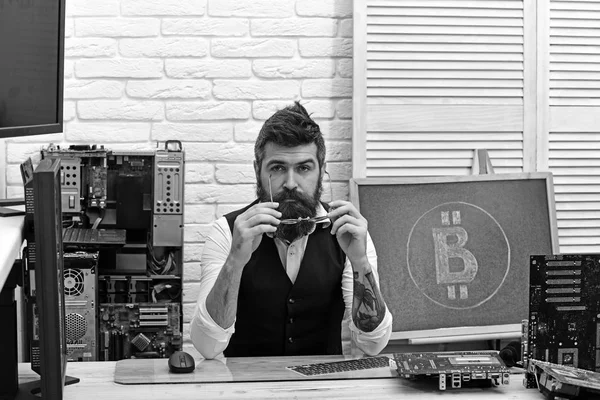 Cryptographer. Bearded man bitcoiner. Bitcoin miner man in server room ...
